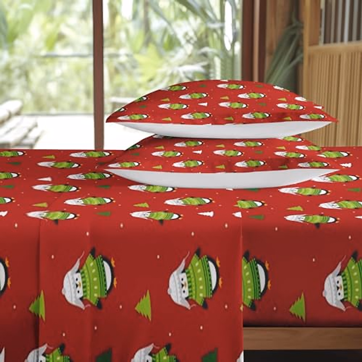 Pinbeam 3 Pcs Fitted Sheet Set Twin Size with Deep Pocket, Funny Christmas Tree Bedding Set with Pillowcase for Kids and Adults, Kids Winter Animal Flat Bed Sheet Set