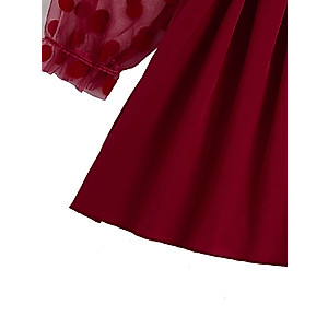 WDIRARA Toddler Girl's Polka Dots Mesh Flounce Long Sleeve Flared Shirred Dress Pure Burgundy 90
