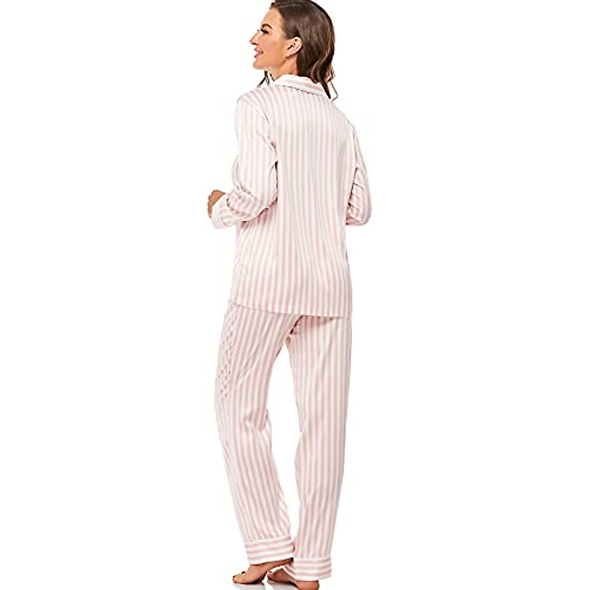 Serenedelicacy Women's Satin Pajama Set Long Sleeve Button Down Sleepwear 2-Piece Striped Silky Pj Set (Medium, Blush/Ivory, Stripe)