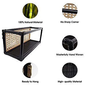 T'Furni Rattan Wall Shelf for Living Room Kitchen Wall Decor - Natural Rattan Floating Shelves - Rectangle Shelf Wall Decor - Natural Hanging Book - Wall Shelves with Storage - A1