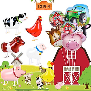 12 Pieces Farm Animals Balloons, Foil Balloons for Farm Animal Birthday Party Supplies Farm Barnyard Theme Birthday Baby Shower Party Decorations