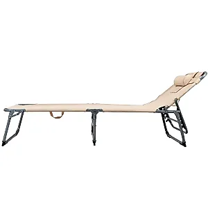 GYMAX Tanning Chair, Beach Lounge Chair with Face Hole, 5 Level Adjustable Backrest, Removable Pillow & Carry Handle, Adult Layout Sunbathing Chair for Outside Beach Poolside Lawn Patio (1, Sand)