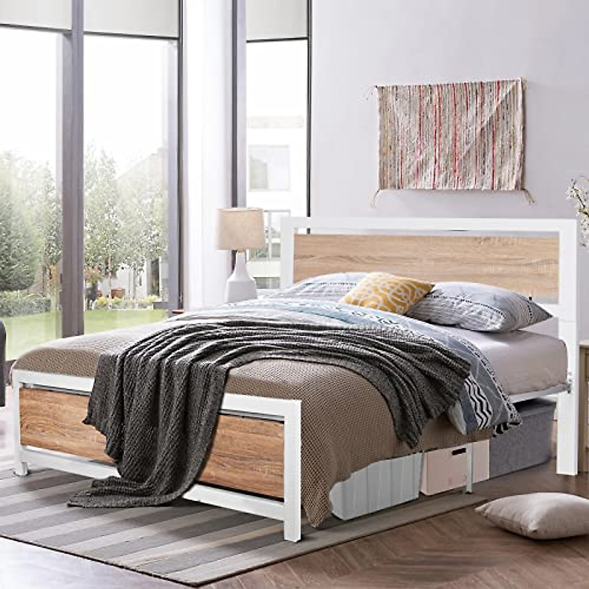 Bed Frame with Industrial Wooden Headboard and Footboard Strong Metal Support Frame Noise-Free No Box Spring Needed (White, Full)