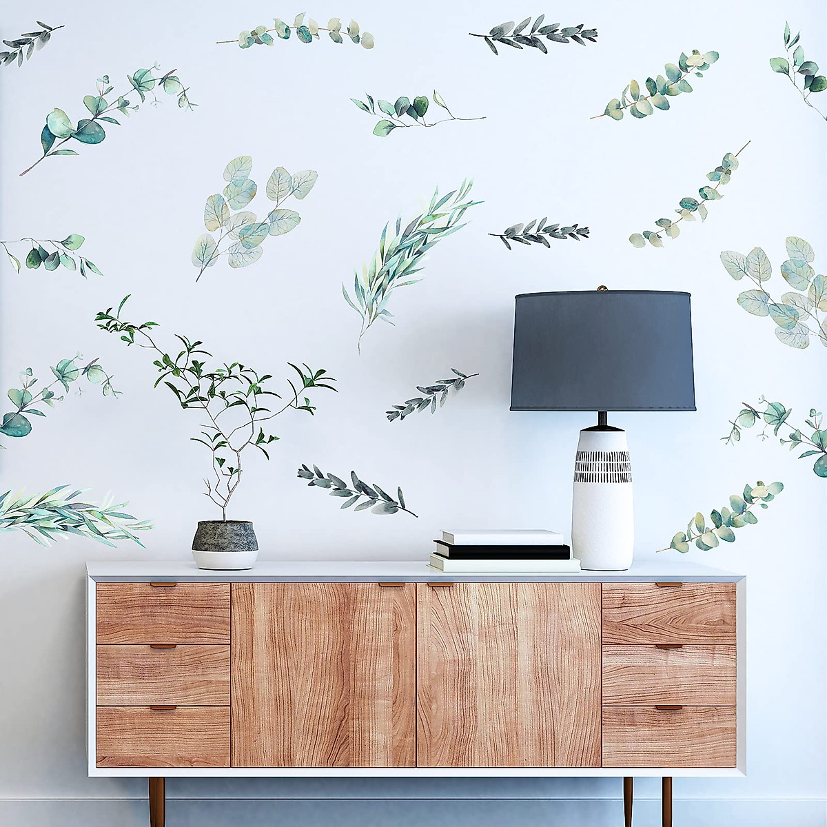 Zonon 32 Pcs Green Leaves Wall Stickers Boho Eucalyptus Leaf Wall Decals Modern Leaves Wall Decals Sage Green Wallpaper Botanical Plant Leaf Wall Decoration for Nursery Bedroom Living Room Decor