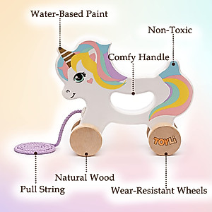 TOYLI Wooden Unicorn Push & Pull Along Toy Developmental Montessori Toddler Pull Toys Improves Balance Strength Confidence for Infants Develop Cognitive Skills Baby Toddlers 18 Month Pull Toy