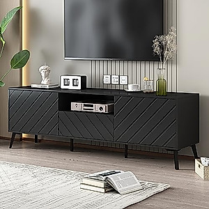 Merax Modern TV Stand for 70" Television, Entertainment Center with Adjustable Shelves, 1 Drawer, Open Shelf and Metal Feet, Media Console Table, for Living Room, 66.9 inch Length, Black