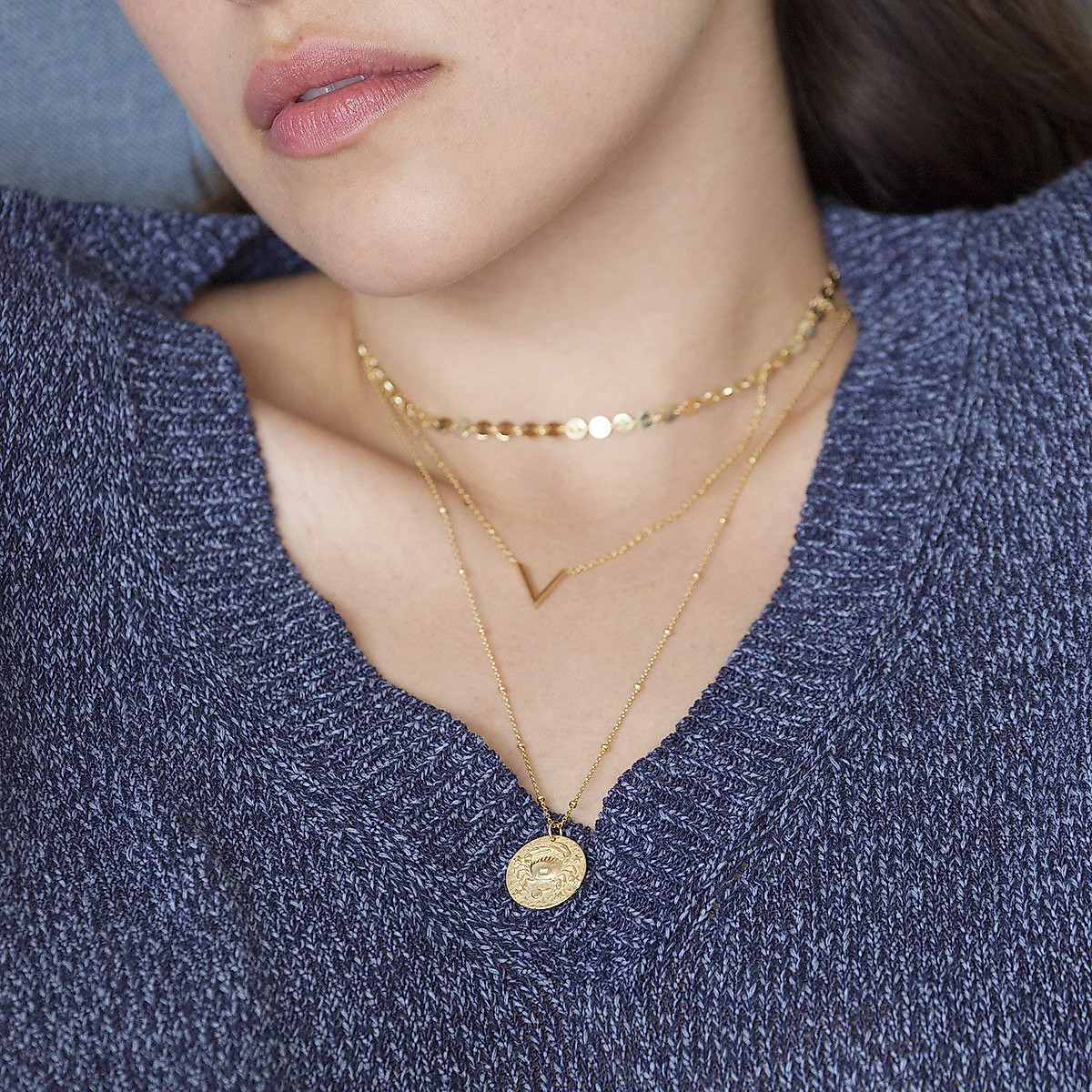 Fremttly Zodiac Coin Embossed Necklace Disc 12 Constellation Astrology Horoscope 14K Gold/Silver Plated Round Pendant Personalized Necklace Gift for Women Cancer