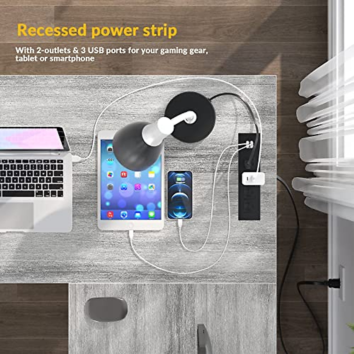 Unikito L Shaped Desk with USB Charging Port and Power Outlet and Office Lateral File Cabinet White Oak