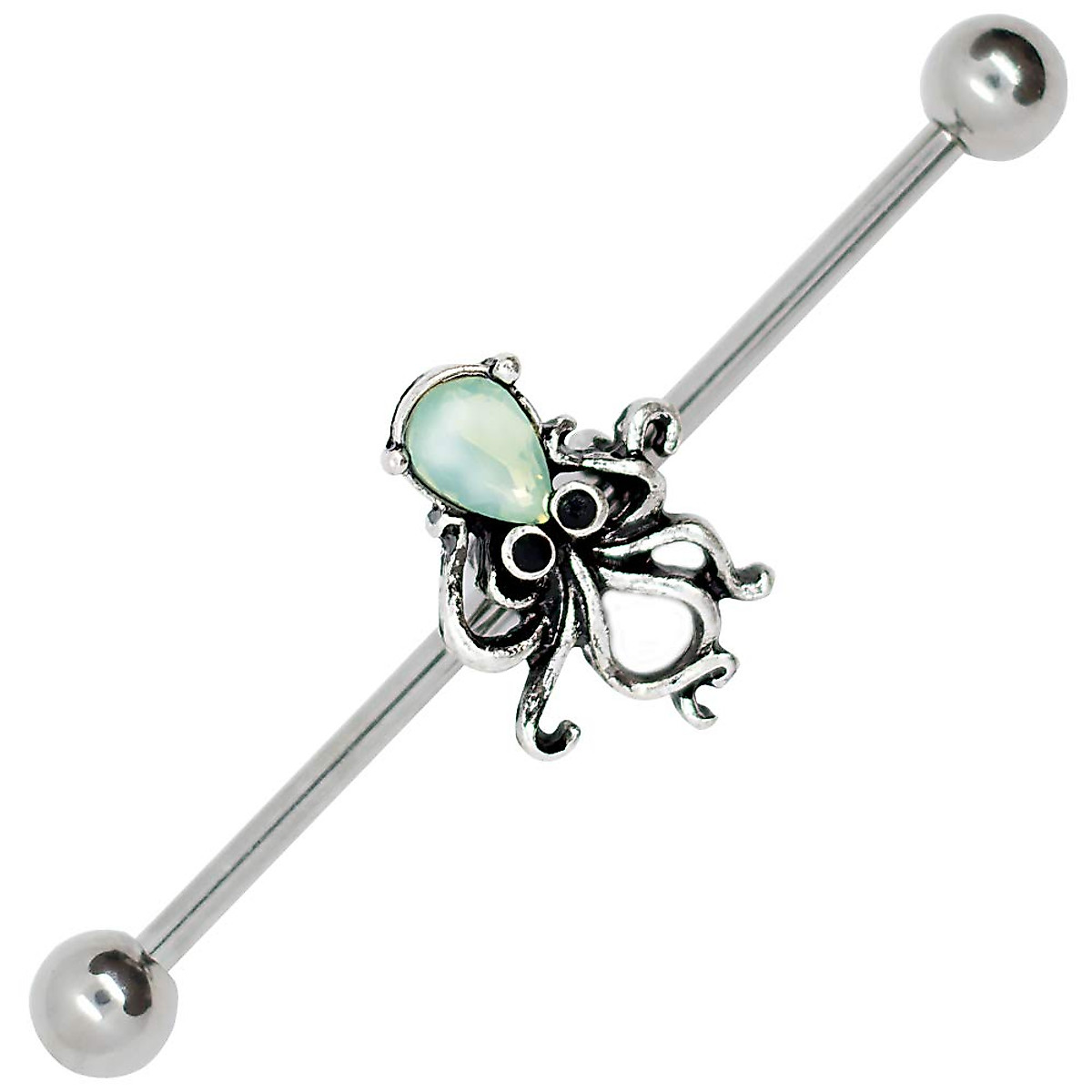 Octopus Industrial Barbell Bar Ear Piercing - 316L Surgical Grade Stainless Steel with Aqua Stone - Barbell Ear Piercing Octopus Pendant for Women and Men Unisex