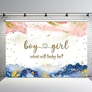 MEHOFOND 7x5ft Gender Reveal Backdrop Boy Or Girl Photography Background Watercolor Pastel Clouds Rose Gold and Royal Blue He Or She Pregnancy Reveal Surprise Party Banner Photo Studio