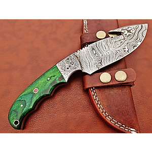 9.5" Hand Forged Damascus Steel Gut Hook Skinning Knife, Green Wood Scale with Damascus Bolster, Full Tang Blade Twist Pattern Drop Point Blade, Cow Hide Leather Sheath