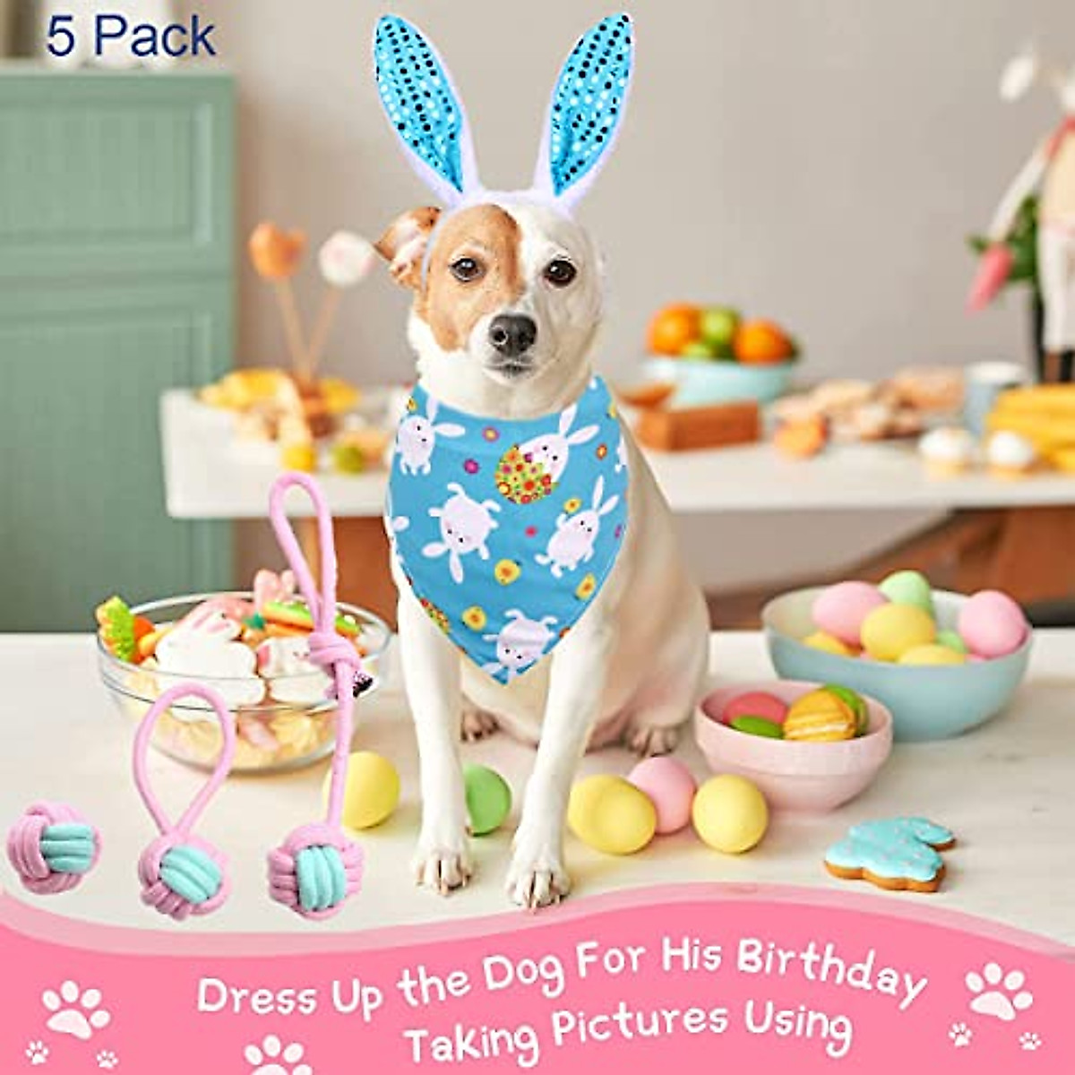 Dog Easter Bunny Costume, 5 Pieces Sequin Pet Rabbit Ears Headband Headwear, Rabbit Egg Bandana, Teething Chew Rope Ball Toy Set, Dog Easter Costumes for Small Medium Dogs Puppy Party Accessory (Blue)
