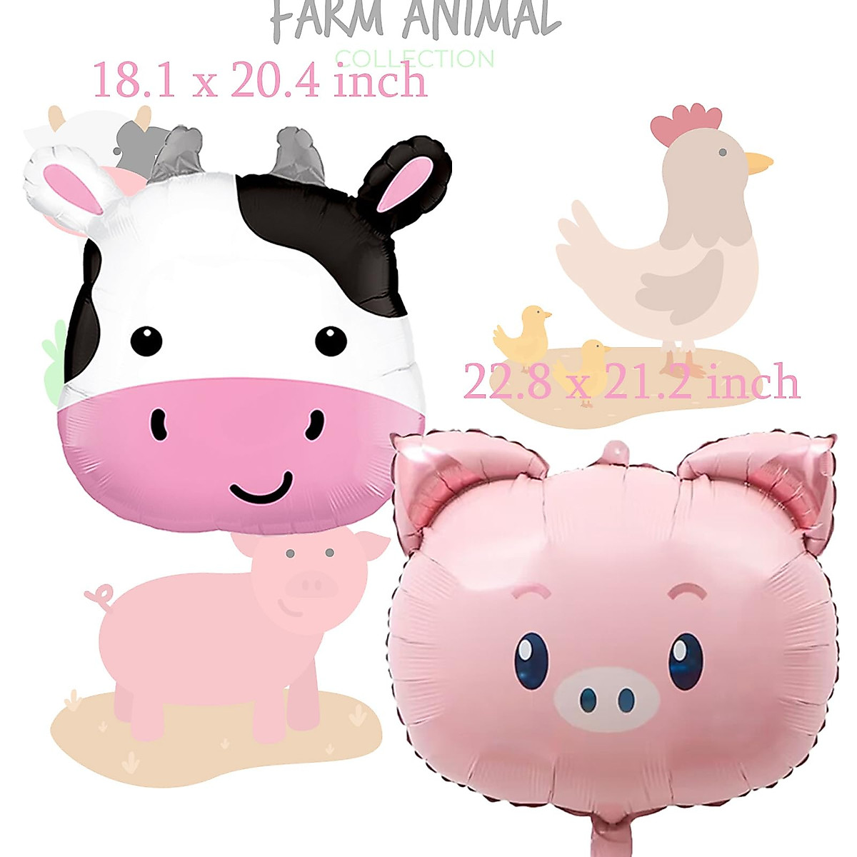8Pcs Farm Animal Balloons Cow Pig Sheep Chicken Foil Mylar Balloons for Farm Barnyard Themed Birthday Baby Shower Wedding Party Decorations Supplies