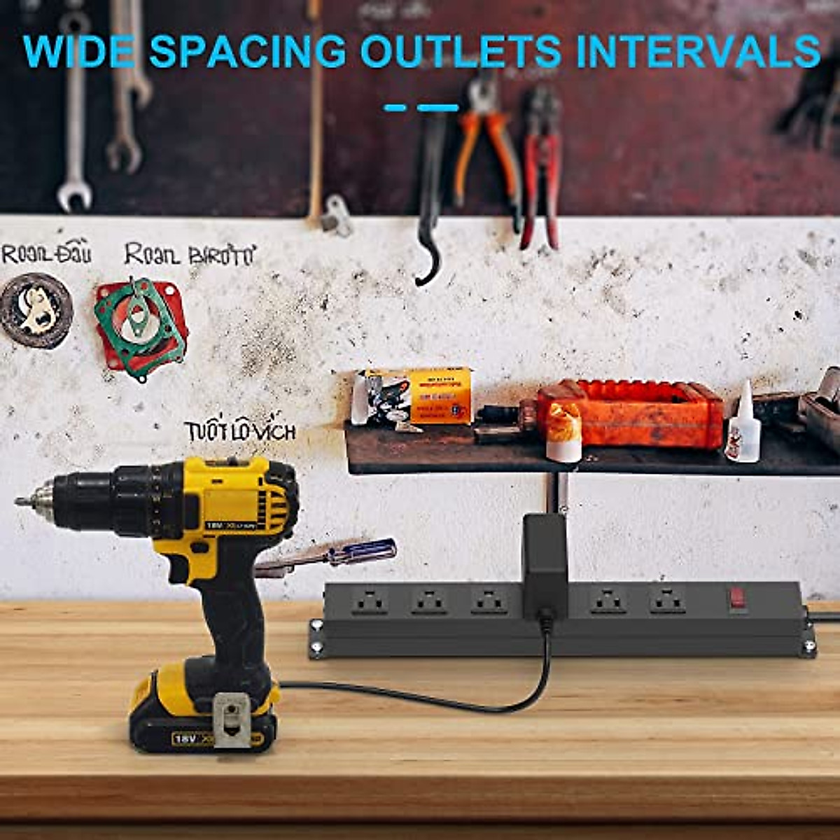 6 Outlets Metal Power Strip, Wall Mount Heavy Duty Power Outlet with Switch, Aluminum Alloy House, 14AWG Power Cord, 15A 125V 1875W, Black (6 FT)