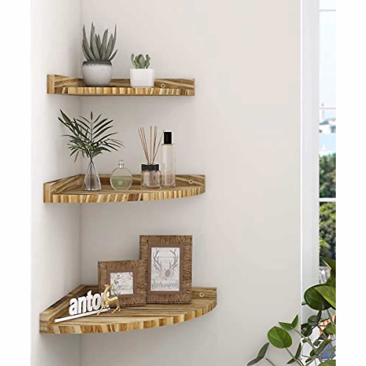 Godimerhea Floating Corner Shelves for Wall, Rustic Solid Wood Wall Mounted Set of 3, Display Hanging Decor Kitchen Storage Heavy Duty Corner Shelf for Living Room Bedroom Bathroom, Brown