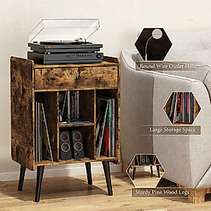 Sengroce Record Player Stand with Record Storage, Charging Station & USB Ports, Turntable Table with Drawer, Up to 165 Albums for Living Room, Bedroom