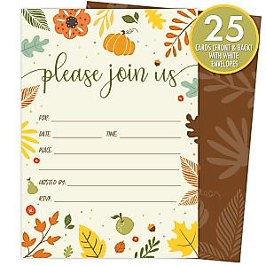 Koko Paper Co Fall Invitations in Autumn Colors with Pumpkin, Fruits and Florals. 25 Fill In Style Cards and Envelopes for Thanksgiving, Harvest Party, Birthday, Engagement, Bridal and Baby Shower, or