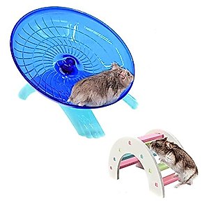 2 Pack Rat Flying Saucer Exercise Wheel & Wood Bridge Rainbow Climb - Durable ABS Plastic Running & Jogging Running Silent Spinner - for Mouse Hedgehog Chinchilla Pets Mice Hamsters Gerbil Cage Toy