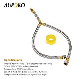 Aupoko Propane Y Splitter Connection Braided Pipe, 3/8" Flare Gas Propane Grill Y Splitter Stainless Steel Braided Hose Assembly, Length 5/16", Fits for LPG & NG Propane Fire Pit Hose & Fireplace