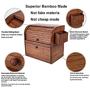 TQVAI Bamboo Bread Box for Kitchen Counter Dobule Layer Roll Top Bread Storage Container with Silverware Basket - Can Use as 2 Individual Bread Bin - Assembly Required, Retro Brown