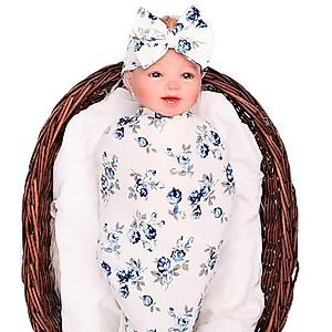 Newborn Swaddle Blanket, Baby Receiving Blanket Wrap with Headband for 0-3 Month Baby Girl and Boy(Blue), One size