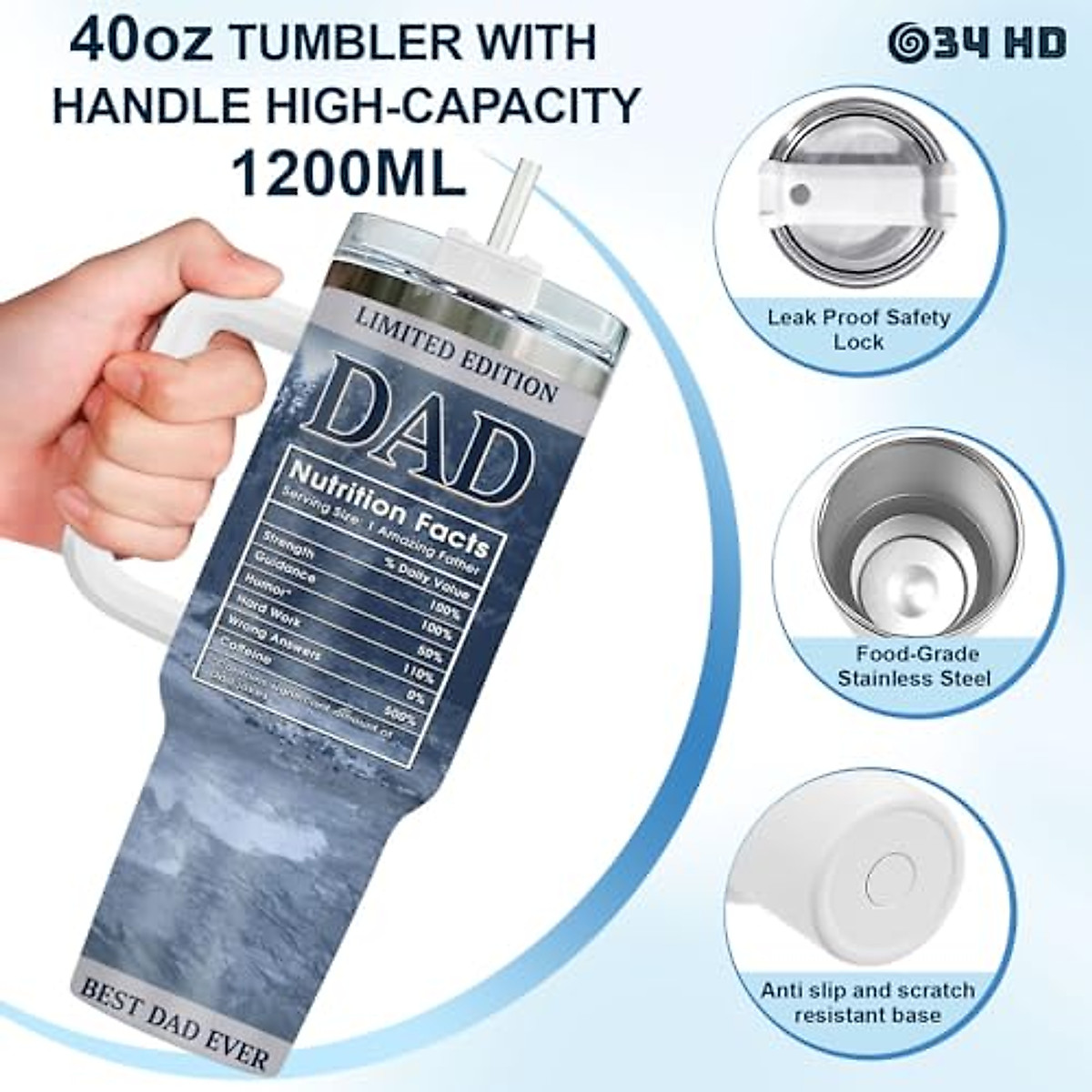 34HD Dad Light Tumbler with Lid & Straw, 40oz Stainless Steel Vacuum Insulated Dad Coffee Mug, Daddy Gifts from Daughter Son Wife, Men Gifts for Fathers Day Birthday Christmas