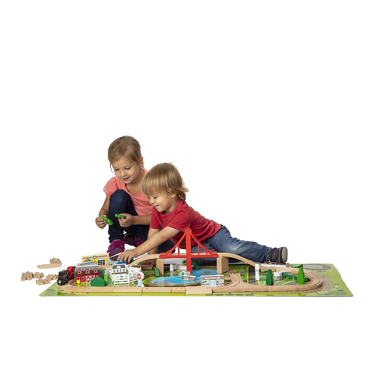 Melissa & Doug Classic Railway Wooden Train Set (82 Pieces ââ‚¬â€œ Magnetic Trains, Car, Tracks, Buildings, Play Figures)