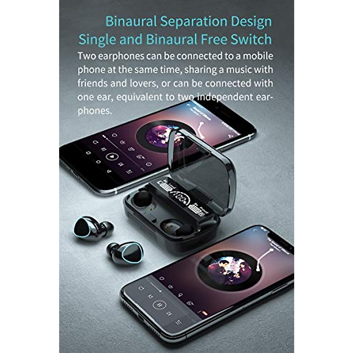 True Wireless Earbuds, BD&M Bluetooth 5.0 Earbuds in-Ear TWS Stereo Headphones with Smart LED Display Charging Case Waterproof Built-in Mic for Sports Work - Black