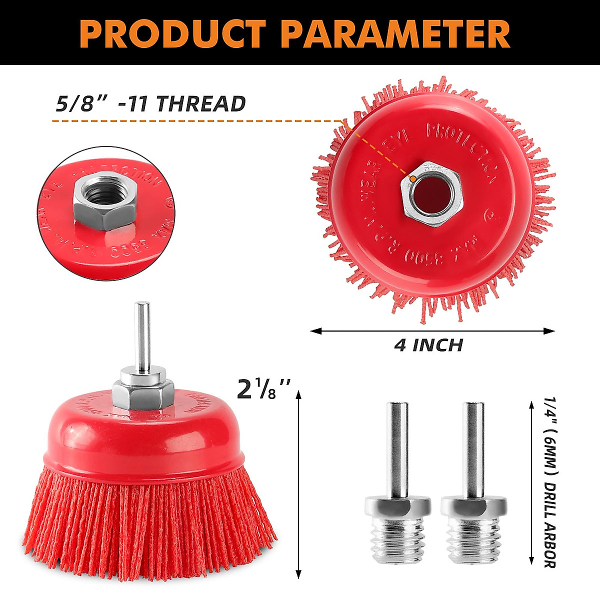 POLIWELL 4 Inch Nylon Filament Brush 2 Pack, 4” Abrasive Bristle Cup Brush Set 5/8"-11 Thread, 1/4" Arbor Max 8500 RPM for Variable Speed Angle Grinder, Polisher and Drill, Prep Surfaces for Bed Liner