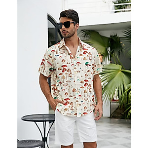 PAODIKUAI Men's Printed Shirt Button Down Short Sleeve Cute Mushroom Hawaiian Shirt (Mushroom Yellow, Small)