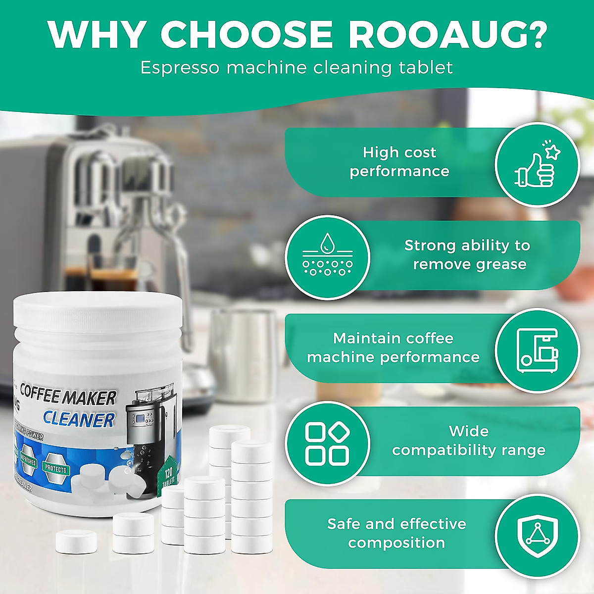 ROOAUG 120 Tabs Coffee Maker Cleaner,Espresso Machine Cleaning Tablets Compatible for all Coffee Machine Models-Cleaning Tablets for Coffee Machine