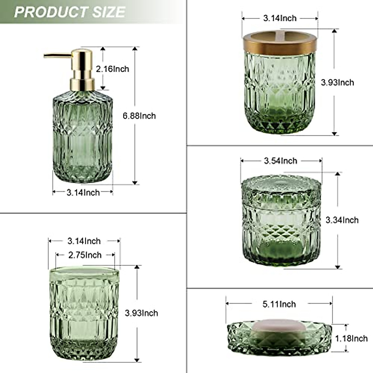 LaMarriti 5Pcs Green Glass Bathroom Accessories Complete Set, Lotion Dispenser, Soap Dish, Toothbrush Holder, Tumbler, Cotton Swab Jars, Modern Bathroom Decor and Housewarming, Set, Green