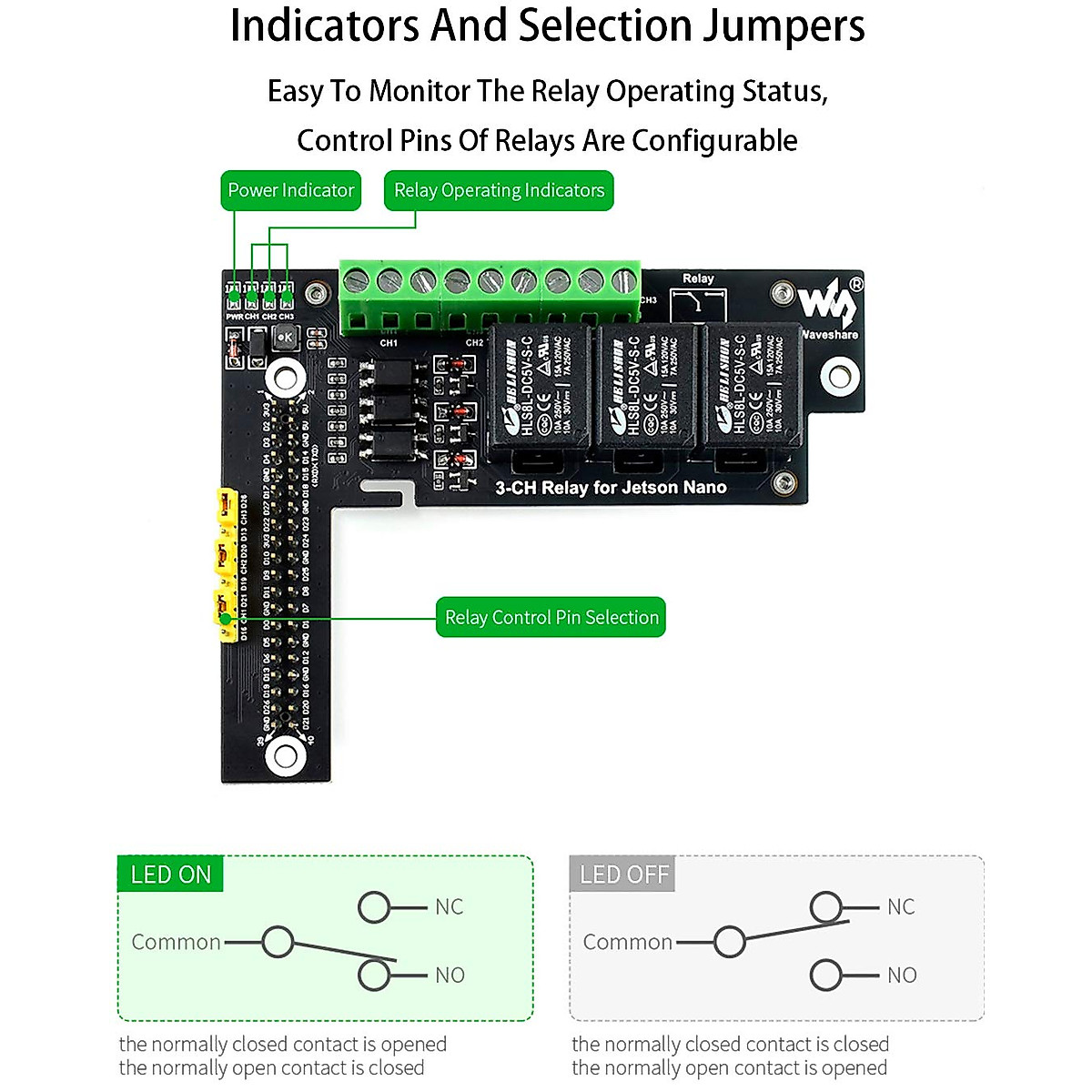 3-Channel Relay Expansion Board for Jetson Nano Developer Kit B01 and Jetson Nano 2GB Developer Kit, up to 2X Stackable Max Load ≤5A 250V AC or ≤5A 30V DC