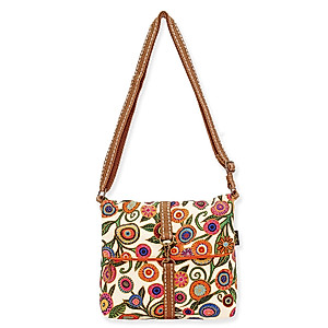 Sun 'N' Sand Laurel Burch Fiesta Florals Flapover Crossbody Shoulder Bag Purse - Women Cotton Canvas Flower Handbag Multicolor