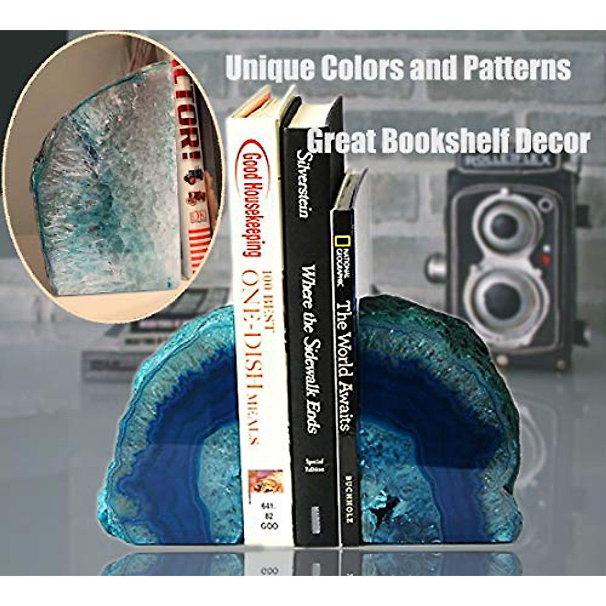 AMOYSTONE Teal Agate Bookends Geode Book Ends Heavy Duty Bookend Holder Decor with Rubber Bumpers Small(1 Pair, 2-3 LBS)