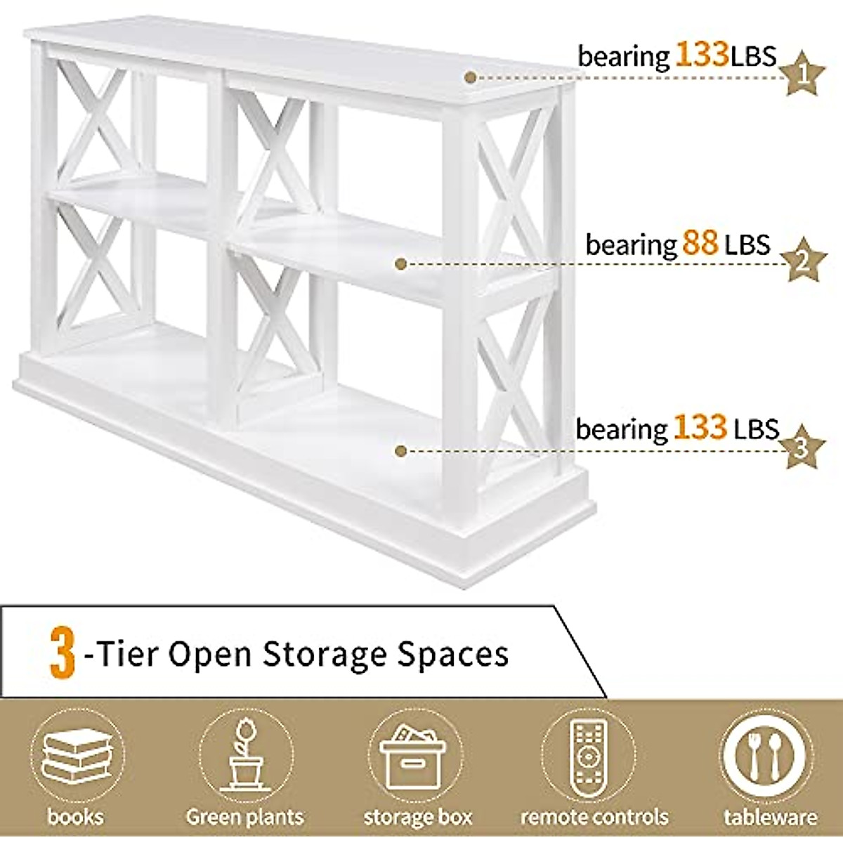 Livavege Console 3-Tier Open Storage, Narrow Sofa Entry Way w/Wood X-Shaped Frame, Entrance Tables for Small Space, Living Room, Entryway, Foyer, Hallway, Office, White