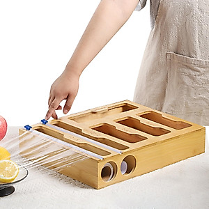 HILELIFE Bamboo Ziplock Bag Organizer for Drawer, Foil and Plastic Wrap Organizer, 6 In 1 Plastic Bag Organizer for Drawer, Baggie Organizer for Drawer