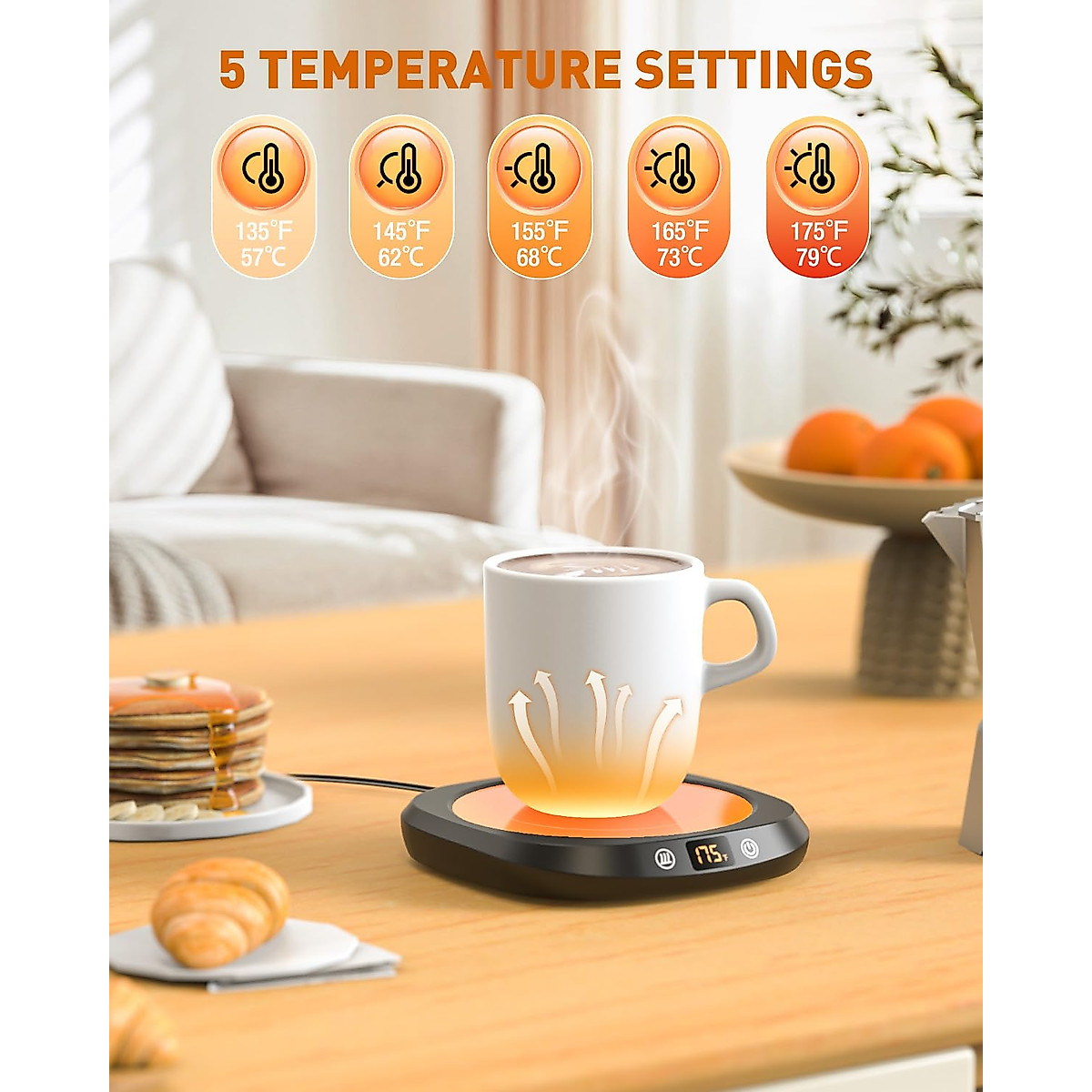 Coffee Mug Warmer, Fast Heating Cup Warmer for Desk, with 5 Temperature Levels & 1-12H Timer, Auto Shut Off Smart Beverage Warmer for Coffee, Tea, Water, Milk, Plug-in Model (Black)