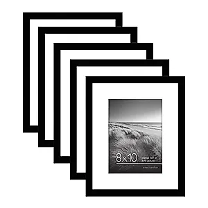 Americanflat 8x10 Picture Frame with Polished Plexiglass - Set of 5 - Use as 5x7 Frame with Mat or 8x10 Frame Without Mat - Galleria Collection - Gallery Frames for Tabletop and Wall Display - Black