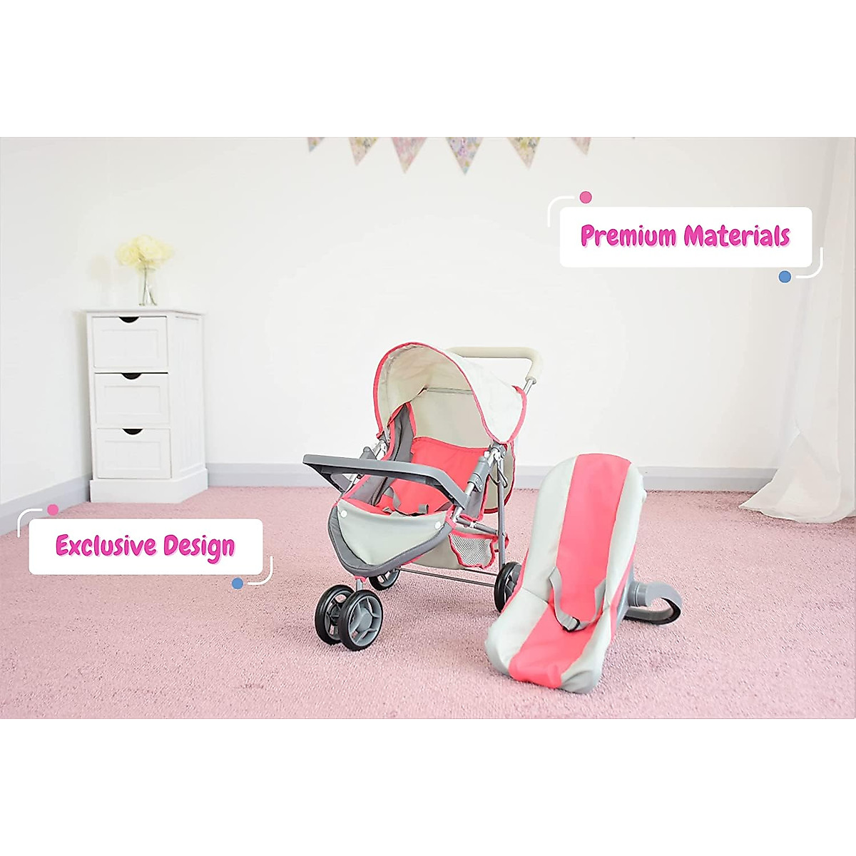 KOOKAMUNGA Baby Doll Stroller Travel System - Retractable Canopy, Feeding Tray, Soft Handle & Swivel Wheels - Pink Gray