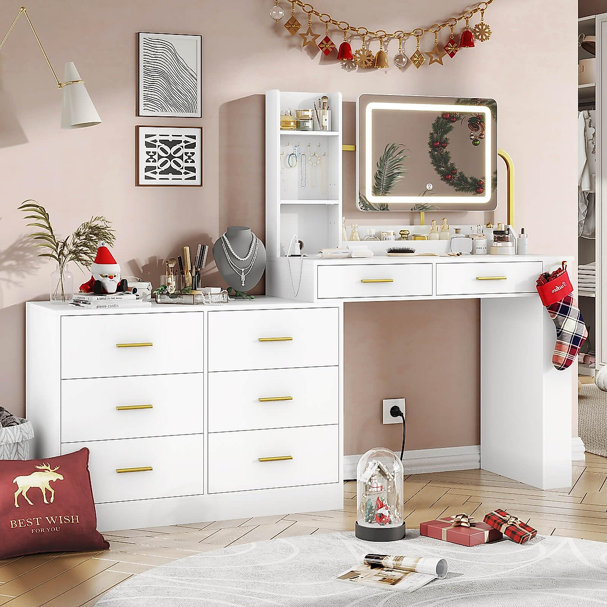 Hasuit Large Vanity Desk with Mirror and Lights,68.9'' Long Makeup Dressing Vanity Table with Charging Station, 8 Drawers, Vanity Mirror 3 Lighting Modes Adjustable, White