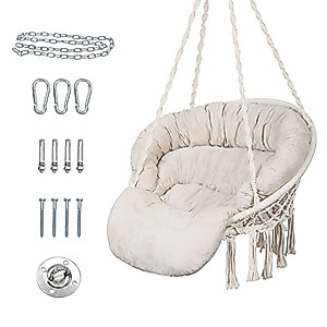 Hammock Chair with Cushion, Handmade Macrame Swing Chair with Hanging Hardware Kits, Bohemian Style Cotton Rope, Hanging Chair for Indoor Outdoor, Bedroom, Living Room, Patio -330lbs Capacity