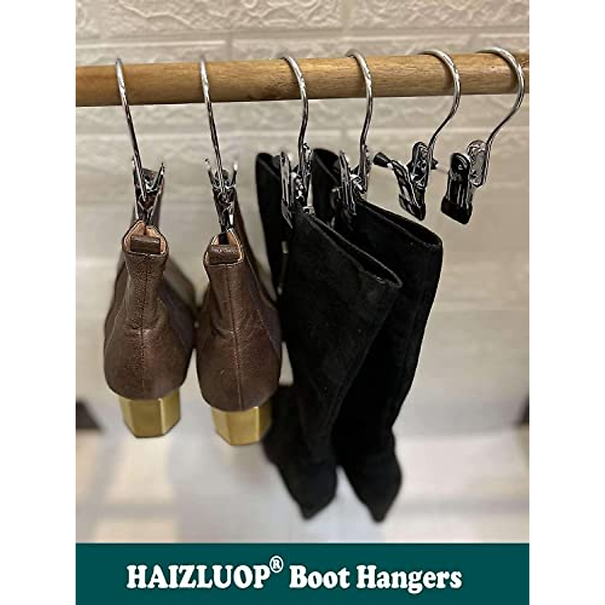 HAIZLUOP Metal Clip Hangers,10 Pack Laundry Hooks with Clips, Multi Functional Space Saving Boot Hangers for Tall Boots, Jeans, Food Packages,Towels, Chrome