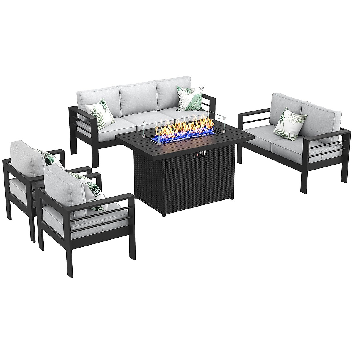 LayinSun Aluminum Furniture Set with Fire Pit Table, 5 Pieces Patio Sectional Conversation Chat Sofa Modern Seating Set