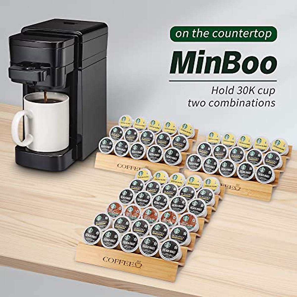 MinBoo Bamboo 2 Pieces Step-Shaped K Cup Holder Drawer or Countertop k cup Organizer Coffee Pod Holder Hold 30 Coffee Pod Storage Kcup coffee pods holder for coffee station Office and Kitchen