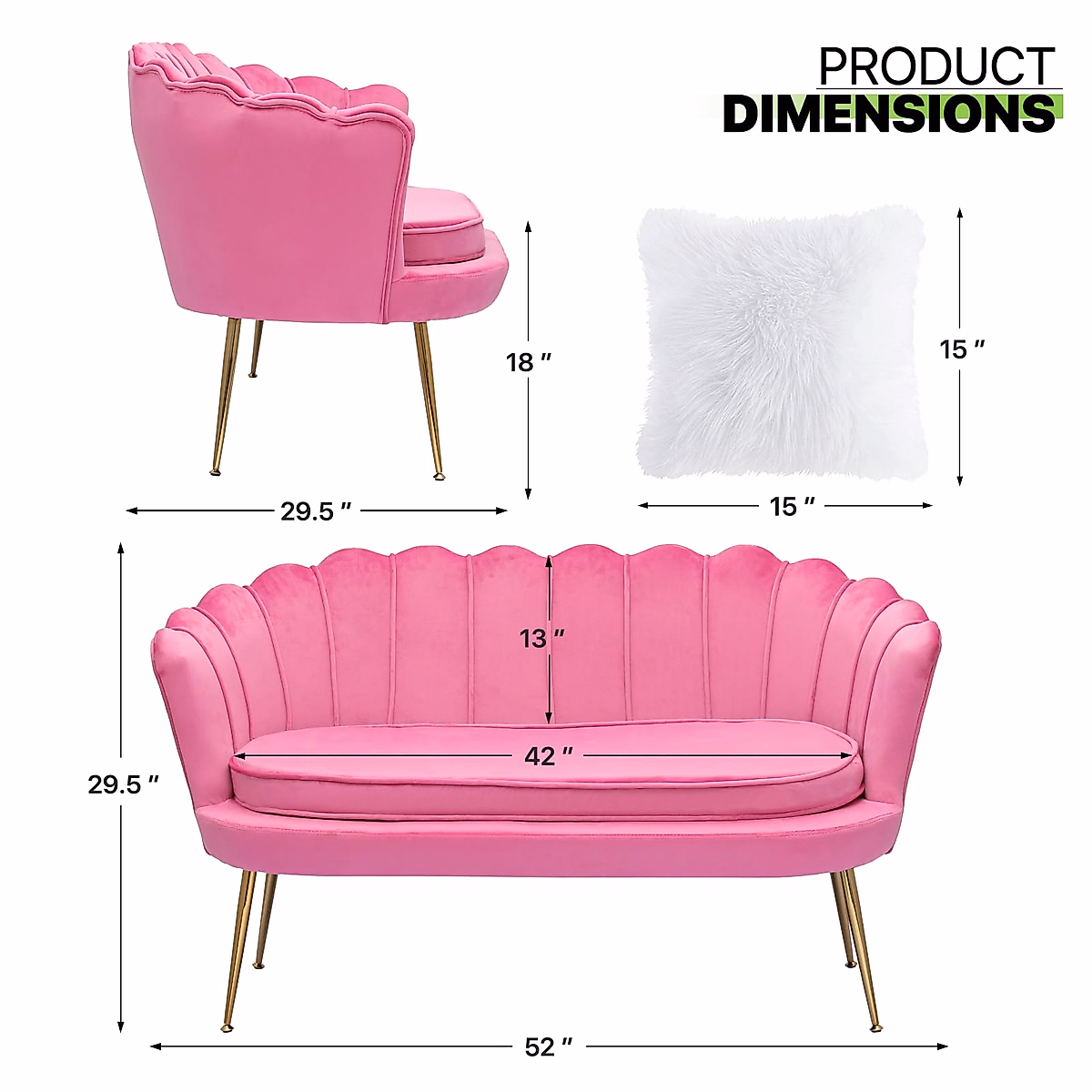 Magshion 52in Tufted Velvet Loveseat with 2 Pillows Living Room Chair Modern Scalloped Back Accent Velvet Upholestered Armchair with Golden Metal Legs, Back Cushion Padded Sofa, Pink