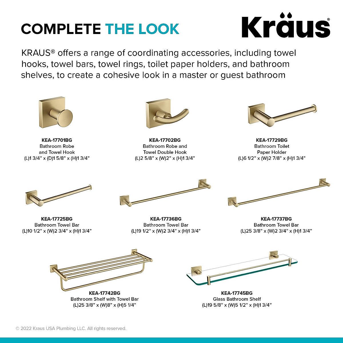 KRAUS Ventus Bathroom Robe and Towel Double Hook, Brushed Gold Finish, KEA-17702BG