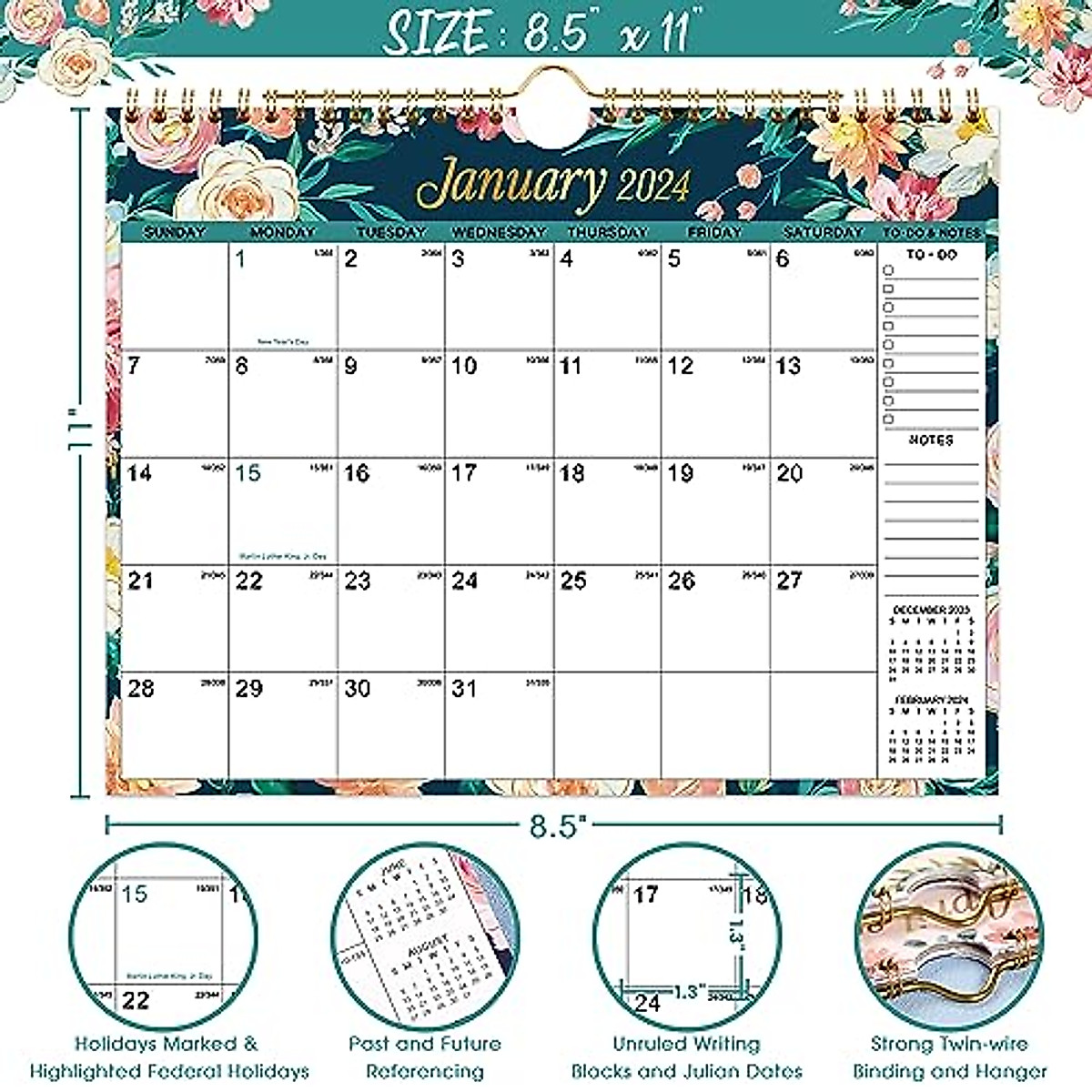 2024 Calendar - Calendar 2024, Jan. 2024 - Dec. 2024, 11" x 8.5", 12-Month Wall Calendar 2024, Small Calendar with Twin-Wire Binding