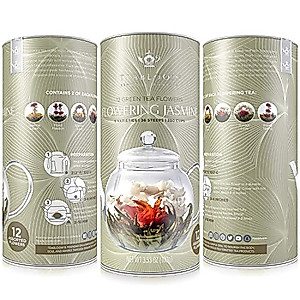 Teabloom Jasmine Flowering Tea – Hand Tied Green Tea Leaves + Jasmine Blossoms Flowering Tea Creations – Blooming Tea Gift Set – 12-Pack, 36 Steeps, Makes 250 Cups