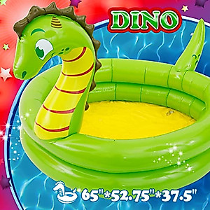 Splash Buddies Kid's 2-Ring Dinosaur Inflatable Kiddie Swimming Pool, Outdoor Summer Backyard Water Play, Toddler's Play Round Pool, 2 Years Old and Up, 65.5" x 52.5" x 37"